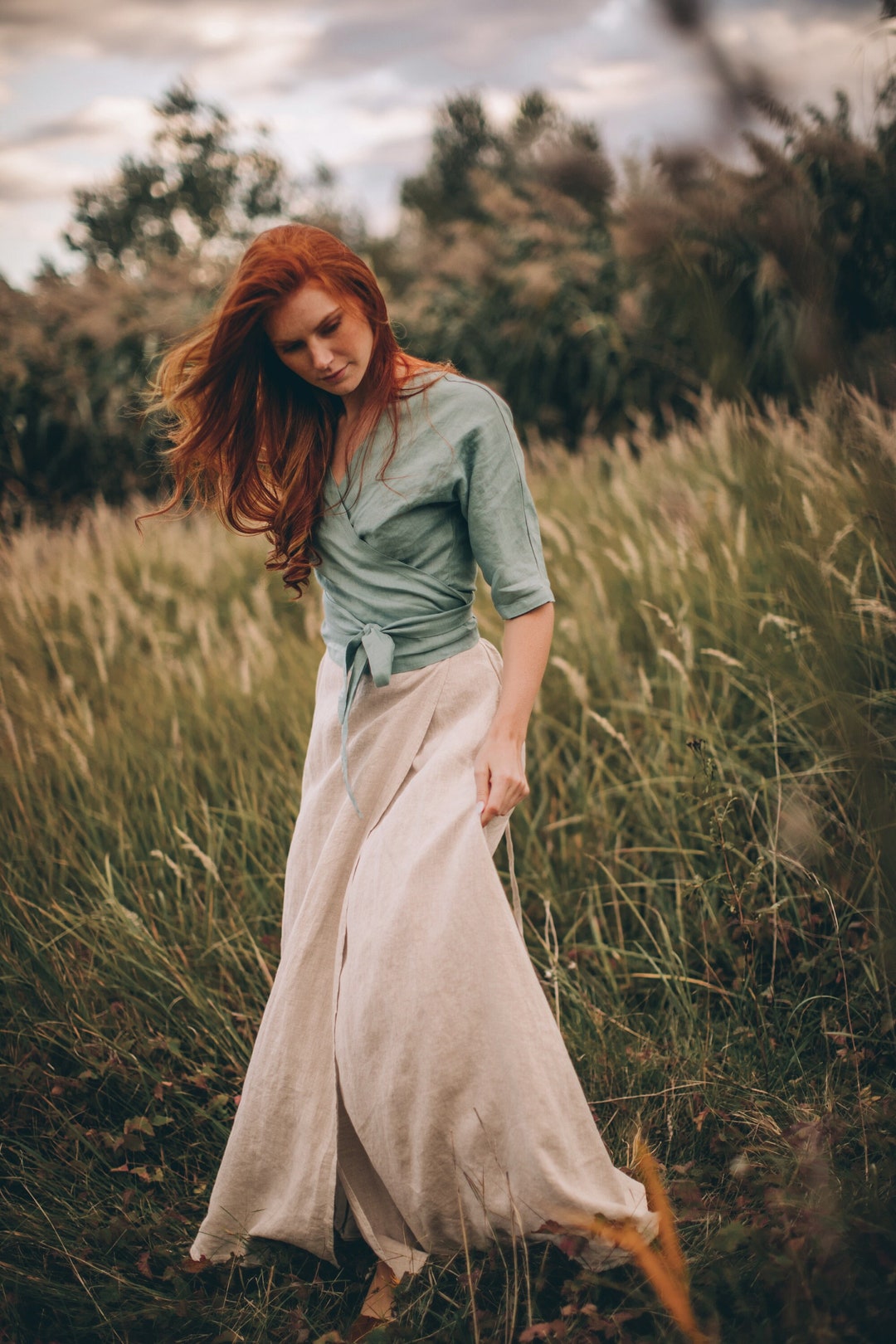 Linen Wrap Top in Dusty Turquoise, Linen Wrap Shirt, Linen Blouse for ...