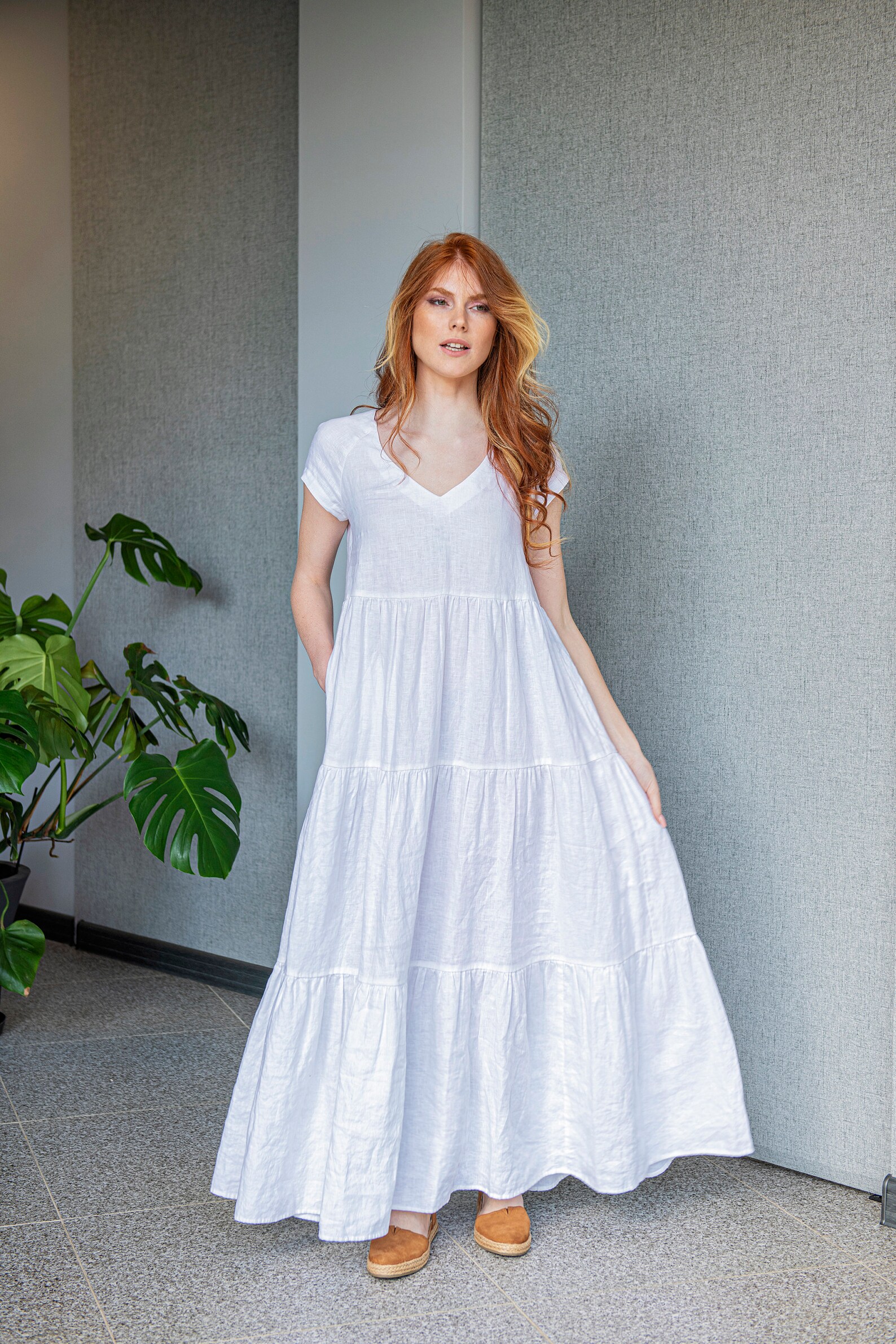 Linen Maxi Dress, White Linen Dress, Summer Maxi Dress, Short Sleeve ...