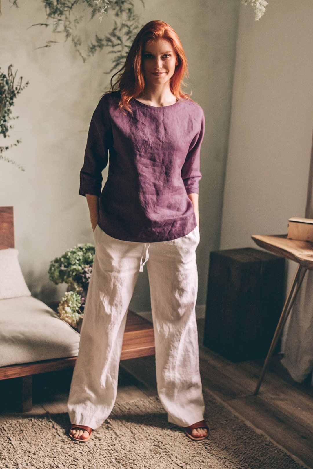 Summer Linen Blouse in Amethyst Purple, Classic Linen Top for Women ...