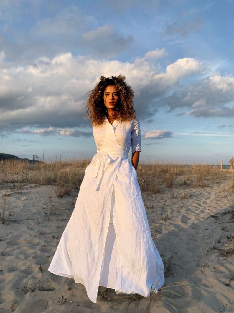 White Linen Maxi Wrap Dress, Boho Kaftan With Pockets, Summer Clothes ...