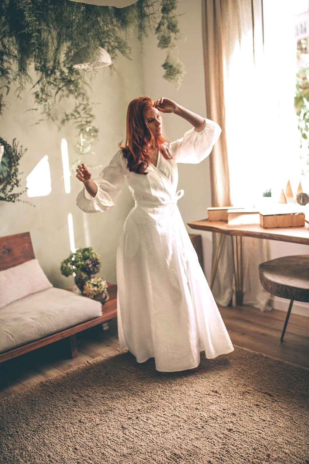 White Linen Maxi Wrap Dress, Bell Sleeve Boho Gown - Etsy