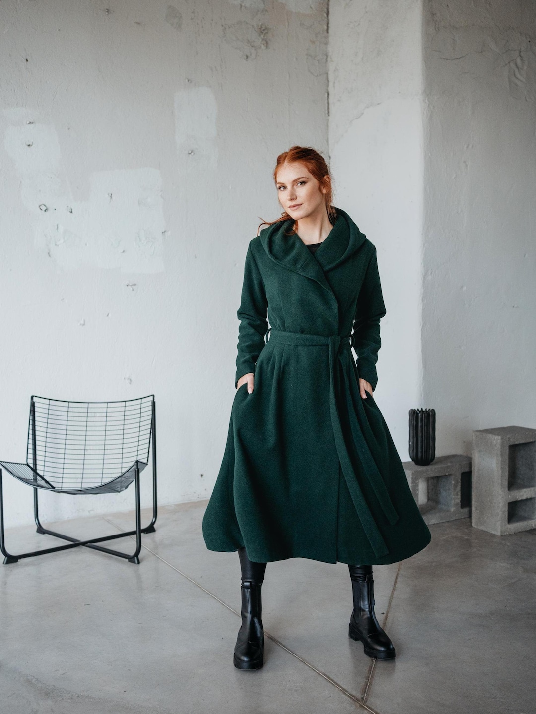 Stylish Wool Coat With Hood, Green Winter Coat for Women, Classic Midi ...