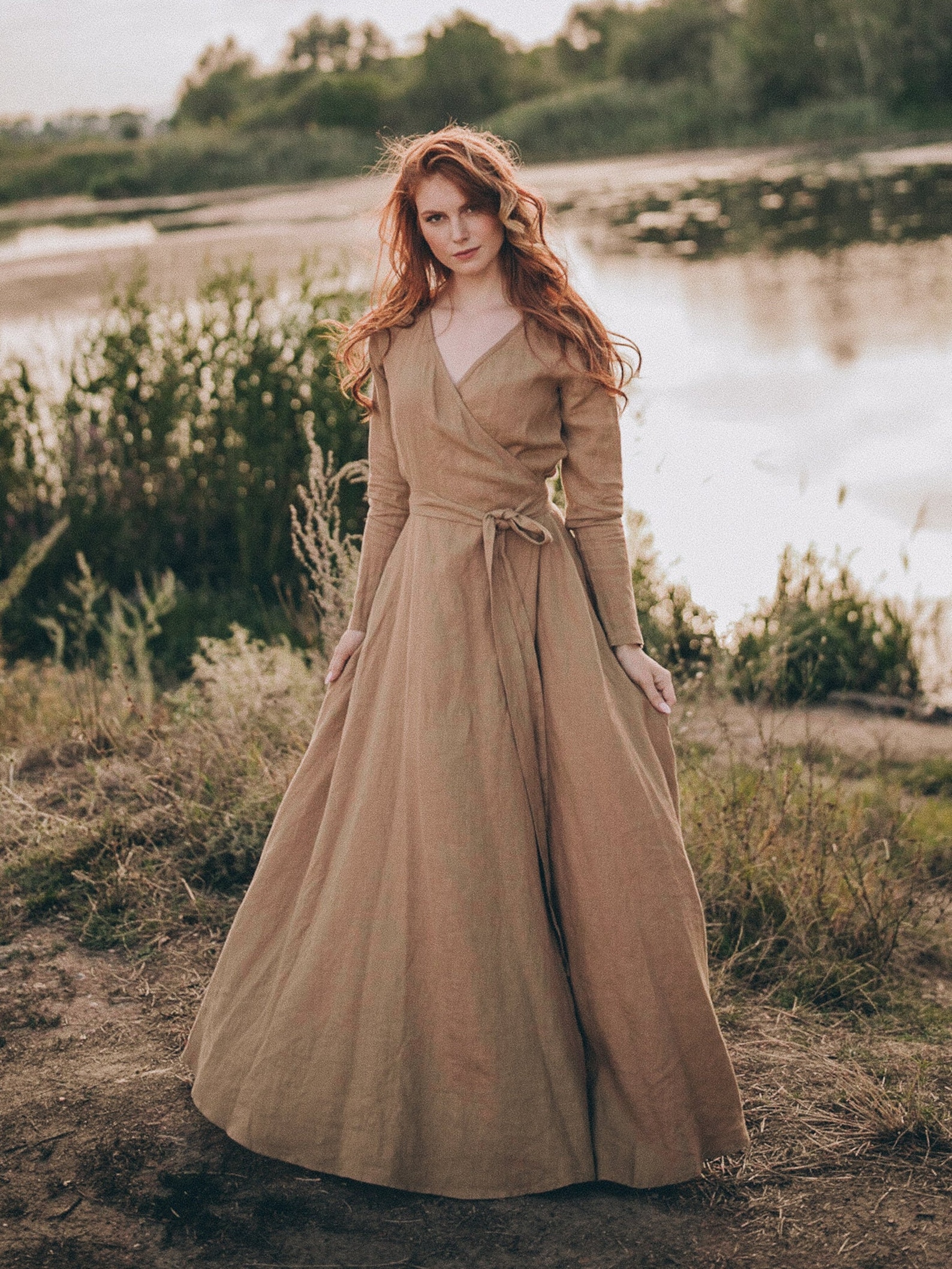 Long Sleeve Wrap Linen Dress, Heavy Linen Maxi Dress, Beige Linen Maxi ...