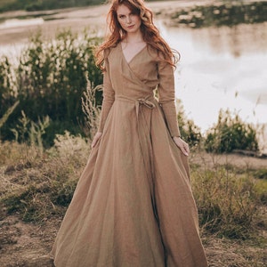 Long Sleeve Wrap Linen Dress, Heavy Linen Maxi Dress, Beige Linen Maxi ...