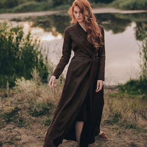 Chocolate Brown Linen Dress, Heavy Linen Maxi Dress, Long Sleeve Linen ...