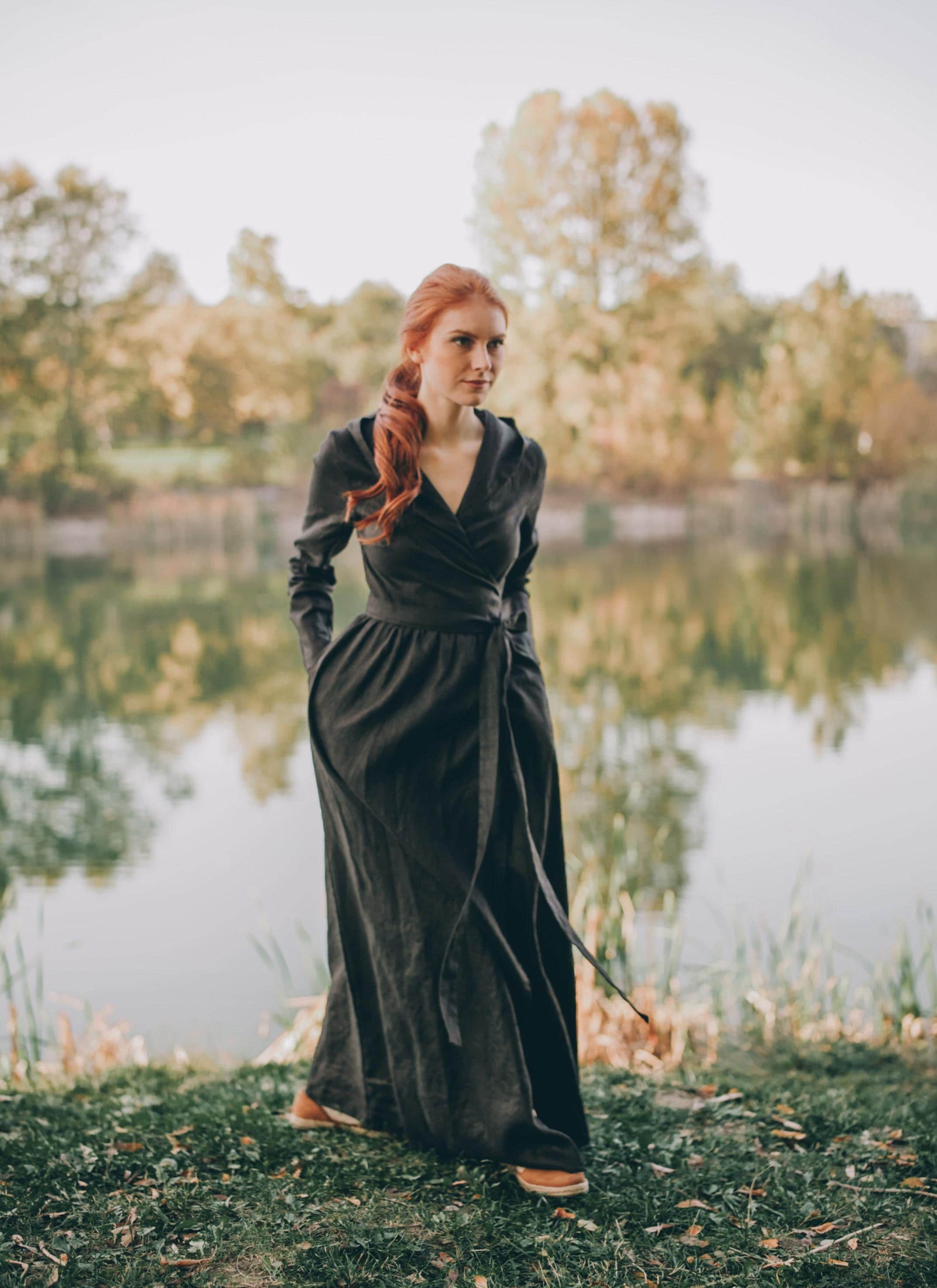 Ready to Ship Hooded Linen Wrap Dress: Black Maxi Dress With Pockets ...