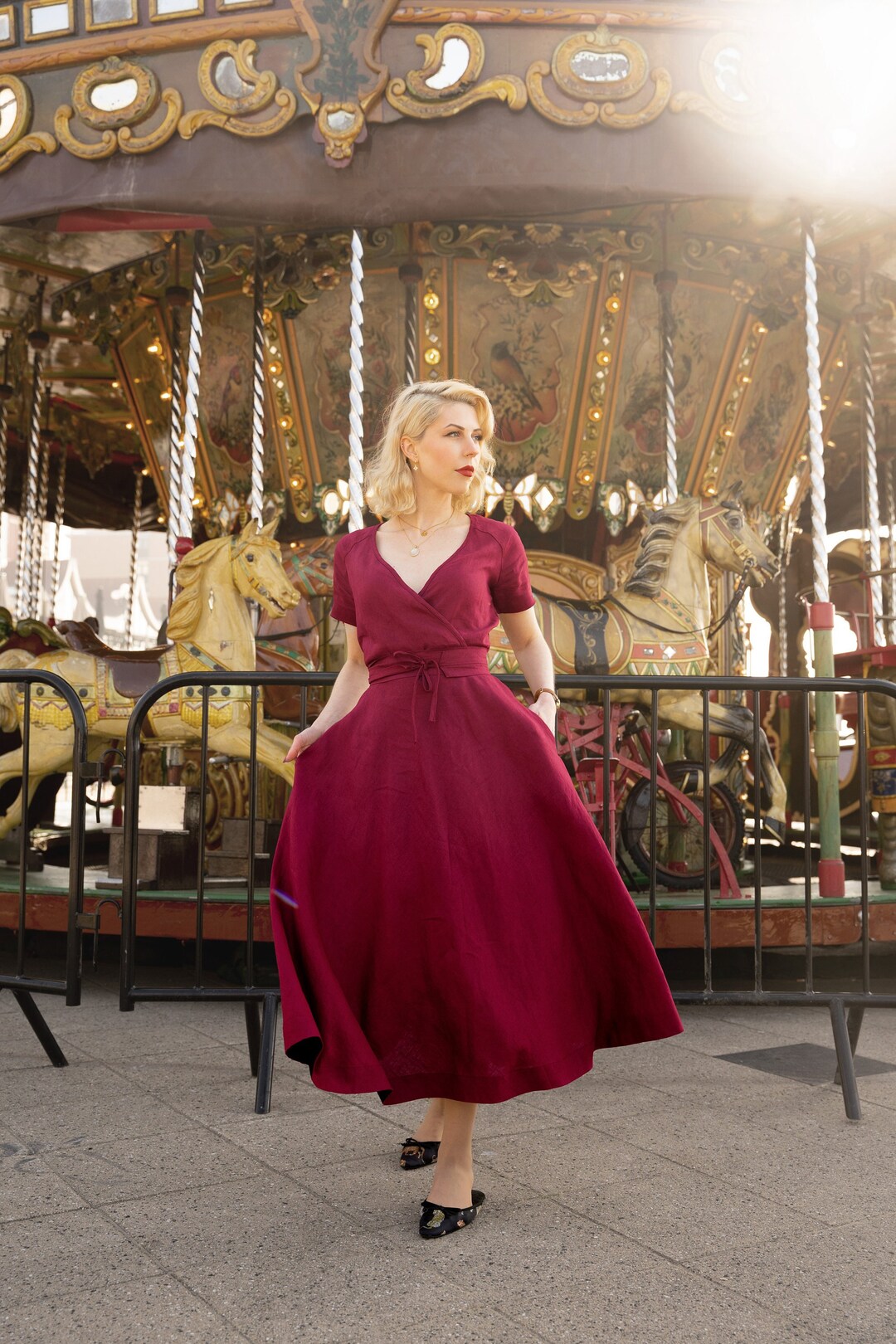 Midi Linen Dress With Pockets, Casual Summer Dress for Women, Classic ...