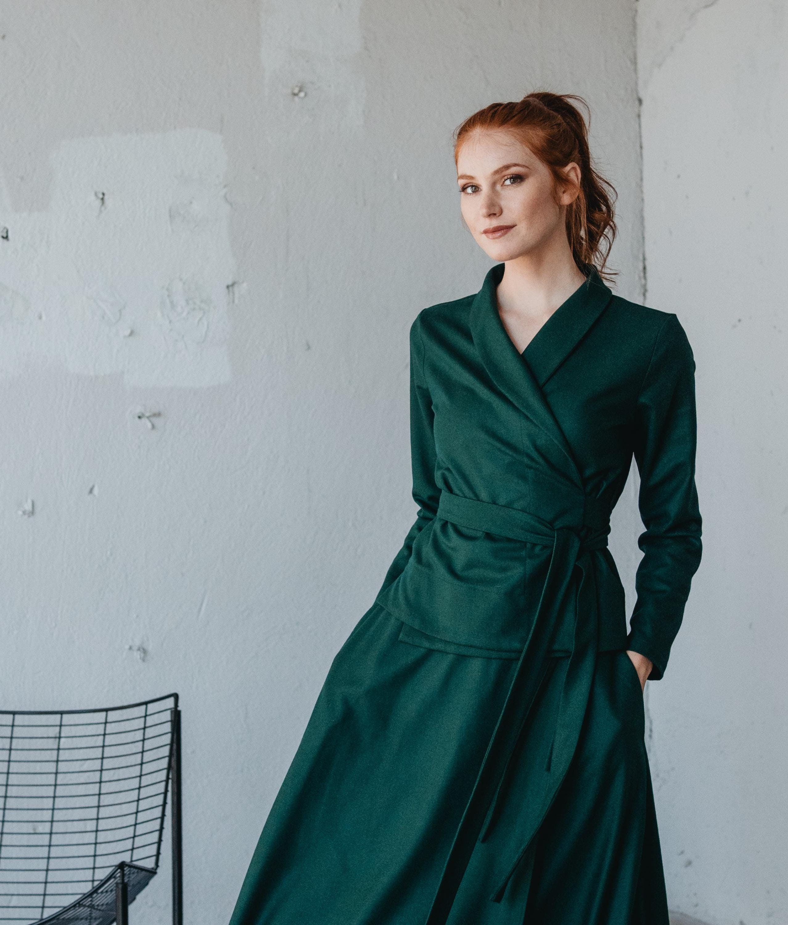 Wool Wrap Top With Shawl Collar, Dark Green Blouse - Etsy