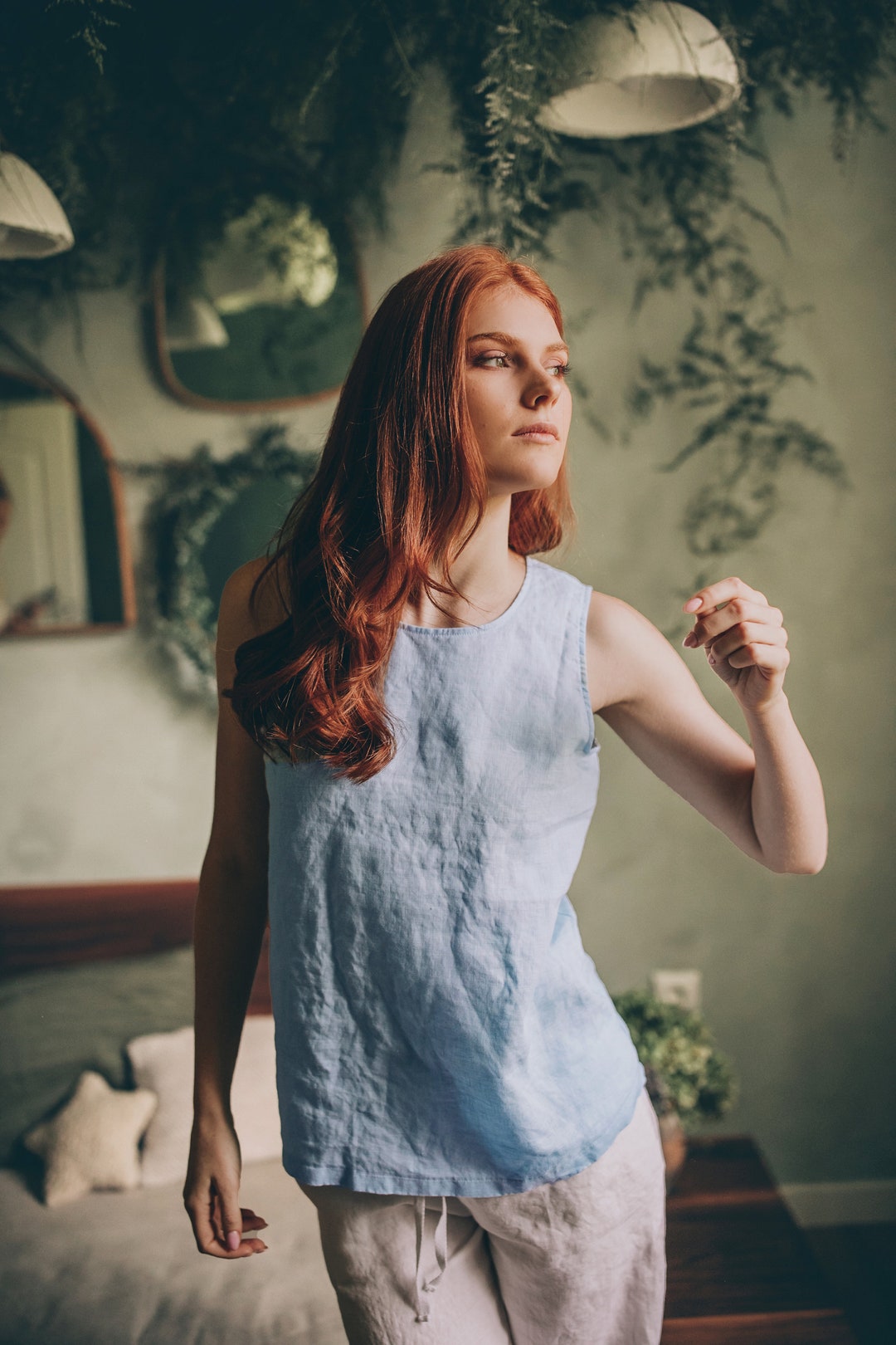 Light Blue Linen Tank Top, Bohemian Sleeveless Blouse - Etsy