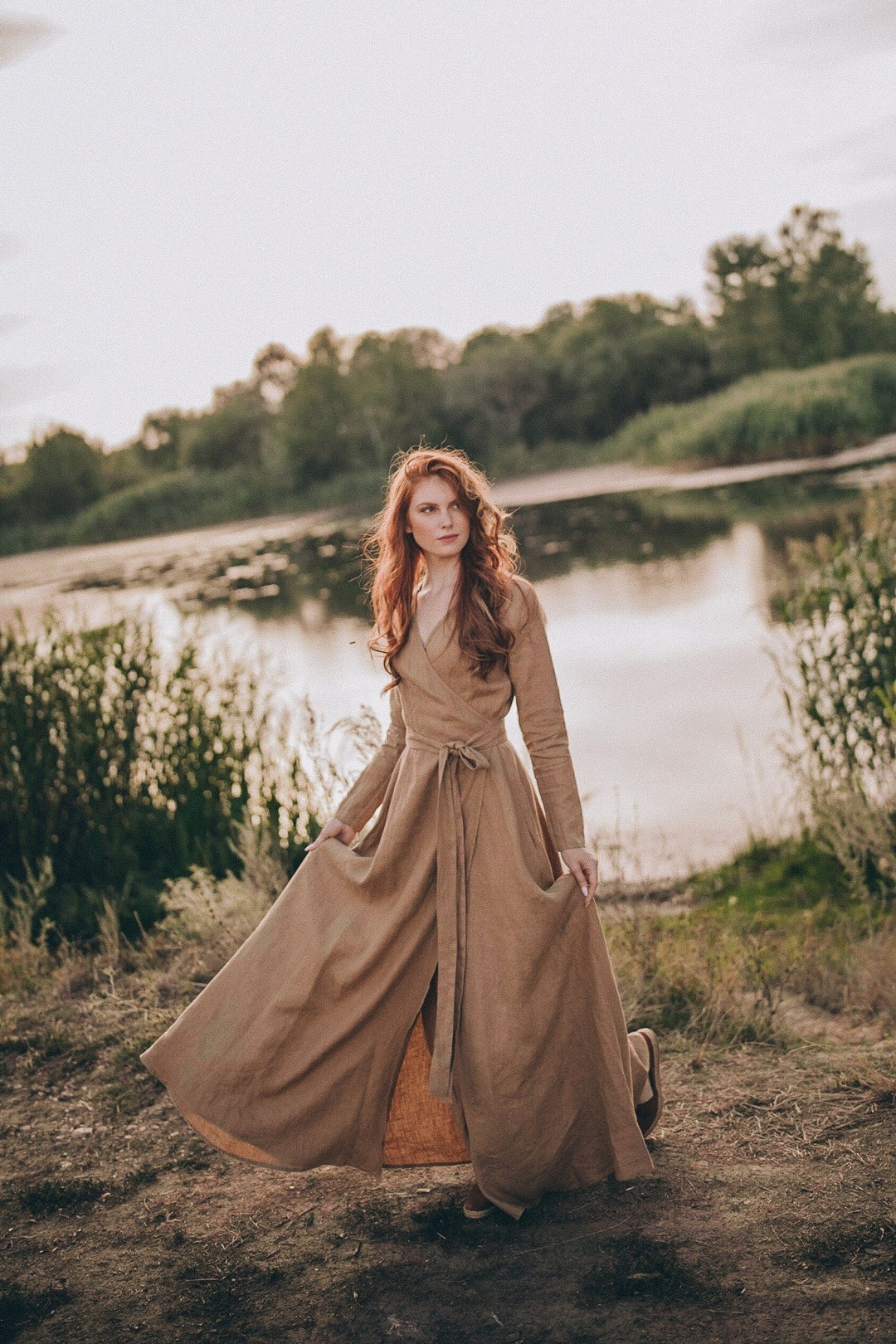 Long Sleeve Wrap Linen Dress, Heavy Linen Maxi Dress, Beige Linen Maxi ...