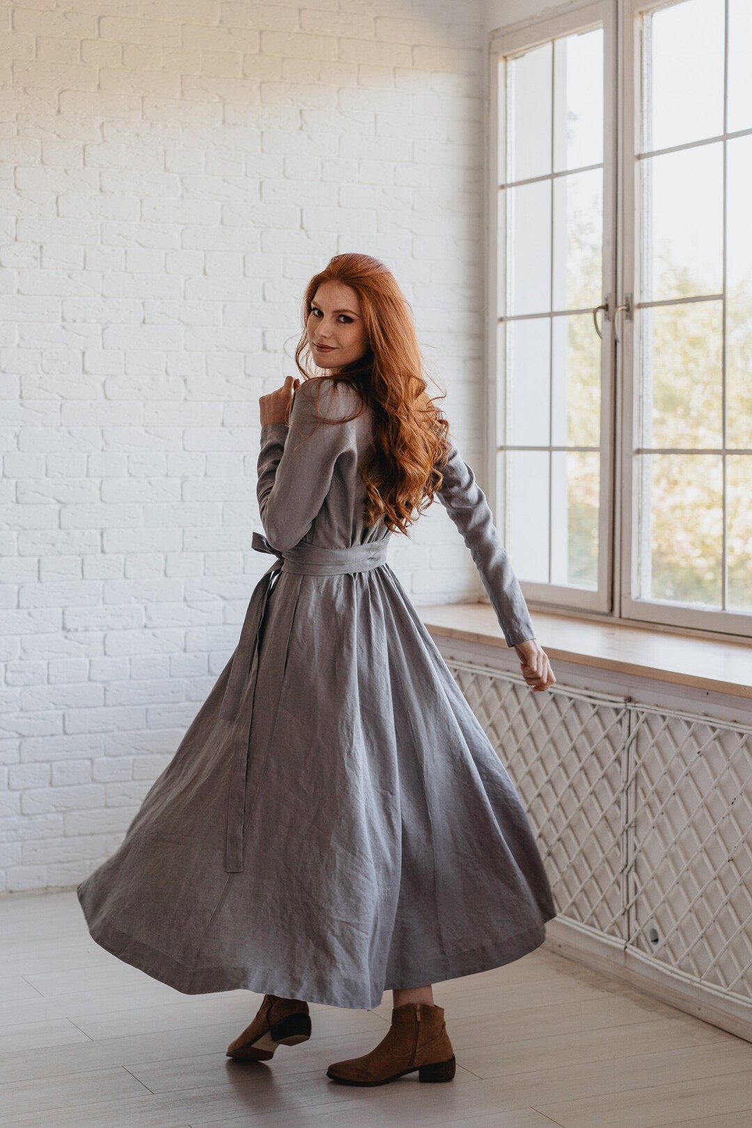 Long Sleeve Linen Midi Dress, Gray Linen Dress for Women, Heavy Linen ...