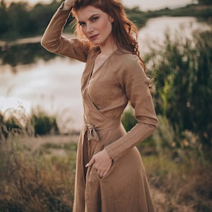 Long Sleeve Wrap Linen Dress, Heavy Linen Maxi Dress, Beige Linen Maxi ...