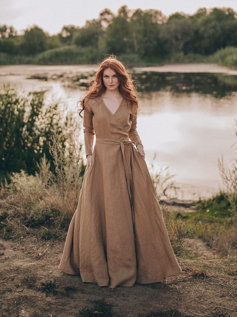 Long Sleeve Wrap Linen Dress Heavy Linen Maxi Dress Beige - Etsy