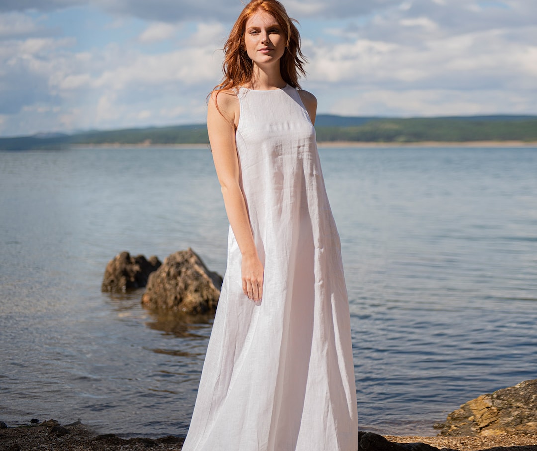 Linen Maxi Dress, White Linen Dress for Women, Plus Size Linen Clothing ...