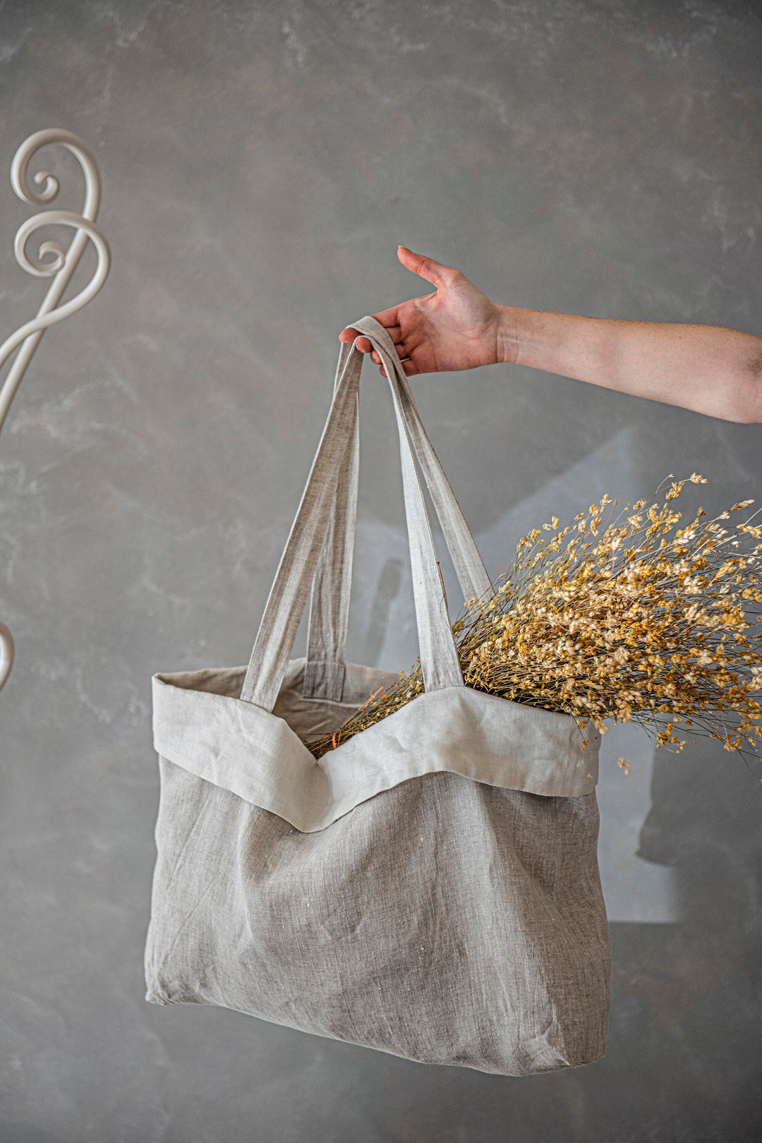 Natural Linen Tote, Linen Tote With Pocket, Linen Beach Bag, Linen ...