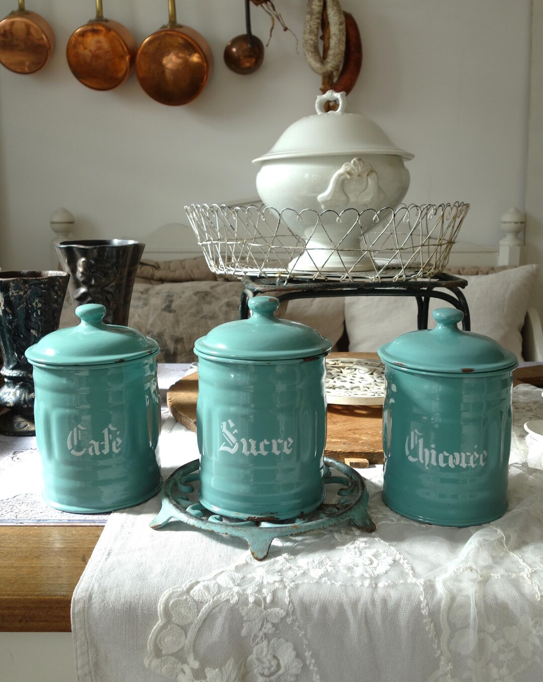 Brocante: Charming Set of Three Old French Enamel Storage Jars - Etsy