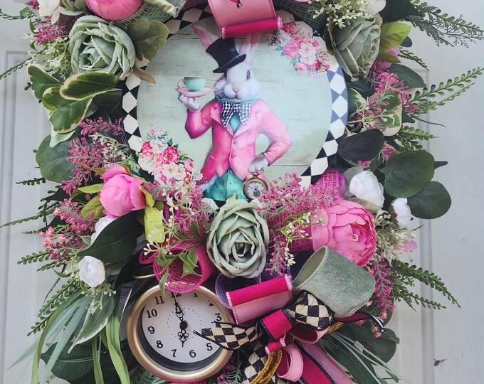 Mad Hatter Swag, White Rabbit Swag, Spring Door Decor, Tea Time Decor ...