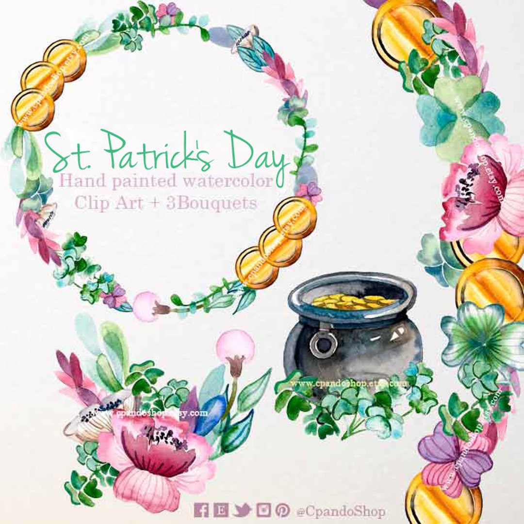 St. Patrick's Day Watercolor Clipart Shamrocks Rainbow Pot of Gold ...