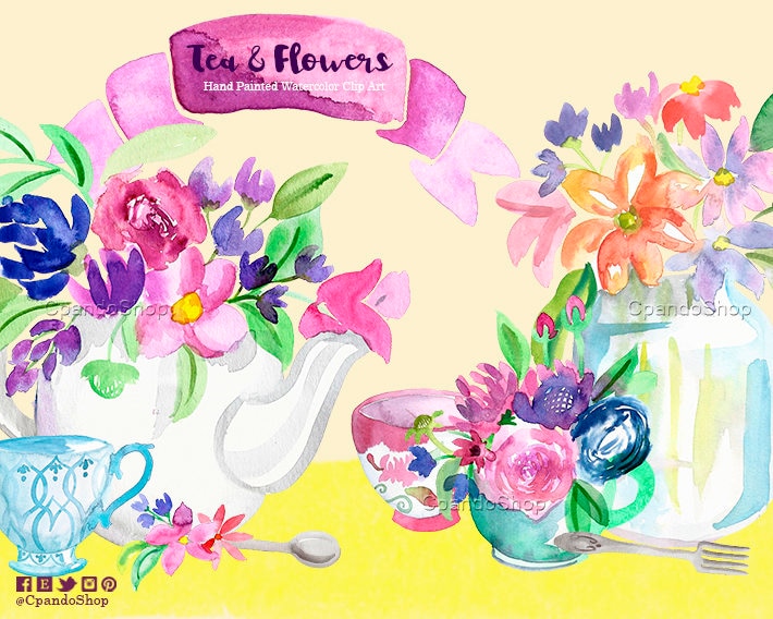 Tea Clip Art Watercolor Tea Clip Art, Tea Time Clipart, Tea Invitation ...