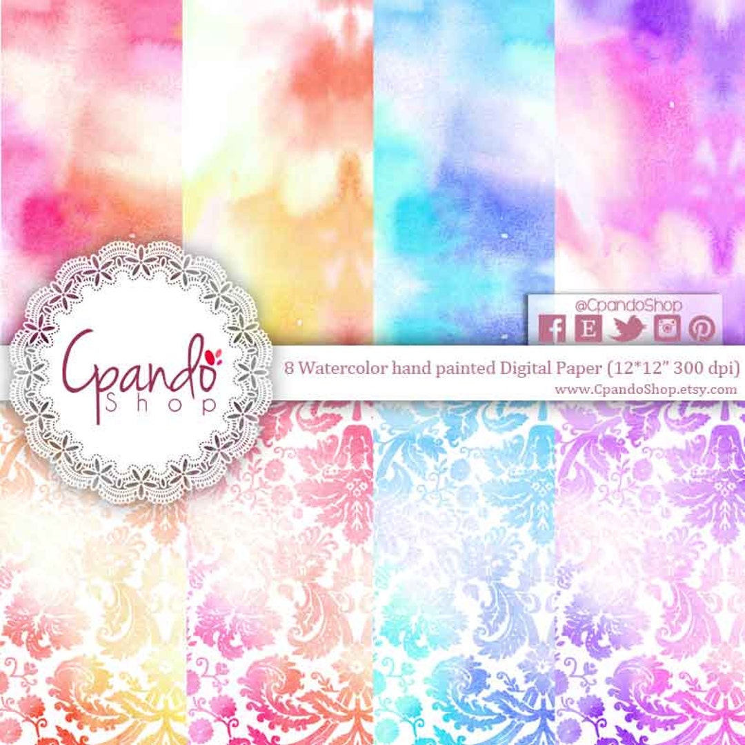 Damask Watercolor Digital Paper Watercolour Scrapbook Hand Painted Red ...