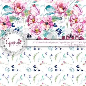 Pink and Mint Flowers, Digital Clip Art Papers, Hand Drawn, Patterns ...