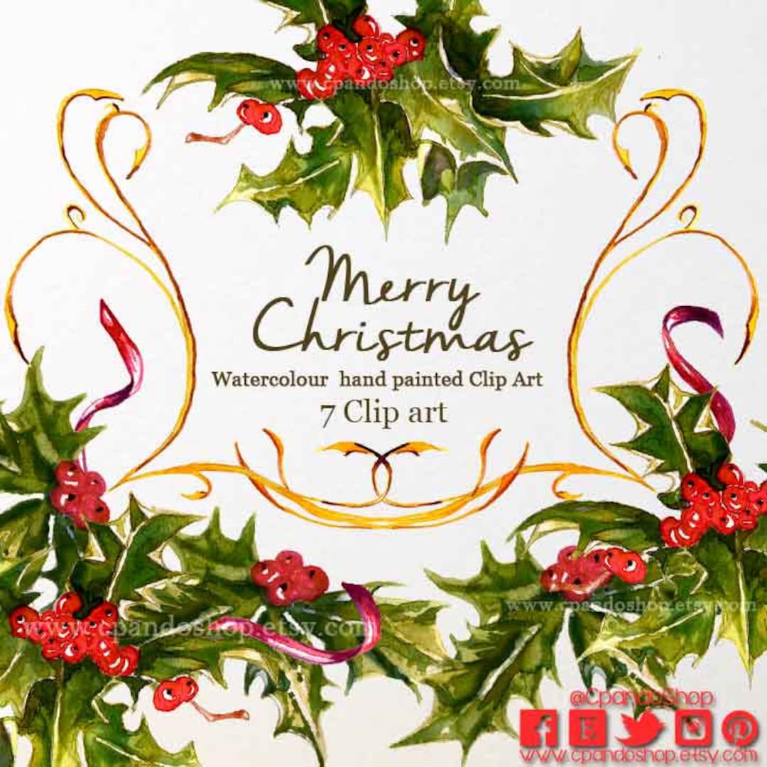 Watercolor Christmas Clipart, Holiday Clipart, Winter Clipart, Holly ...
