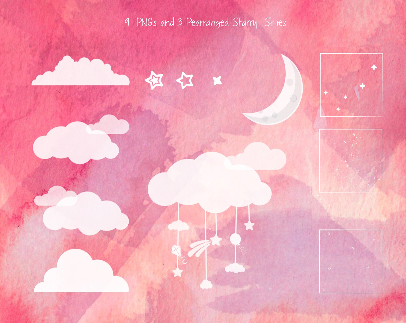 Pink Skies Watercolor Stars and Clouds Clipart Star Borders | Etsy