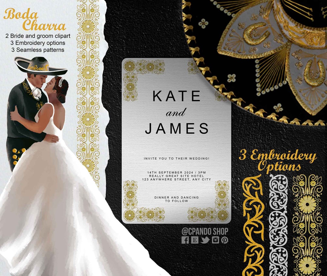 Mexican Wedding Charm: 2 Charro Attire Groom & Bride Illustrations, 3 ...