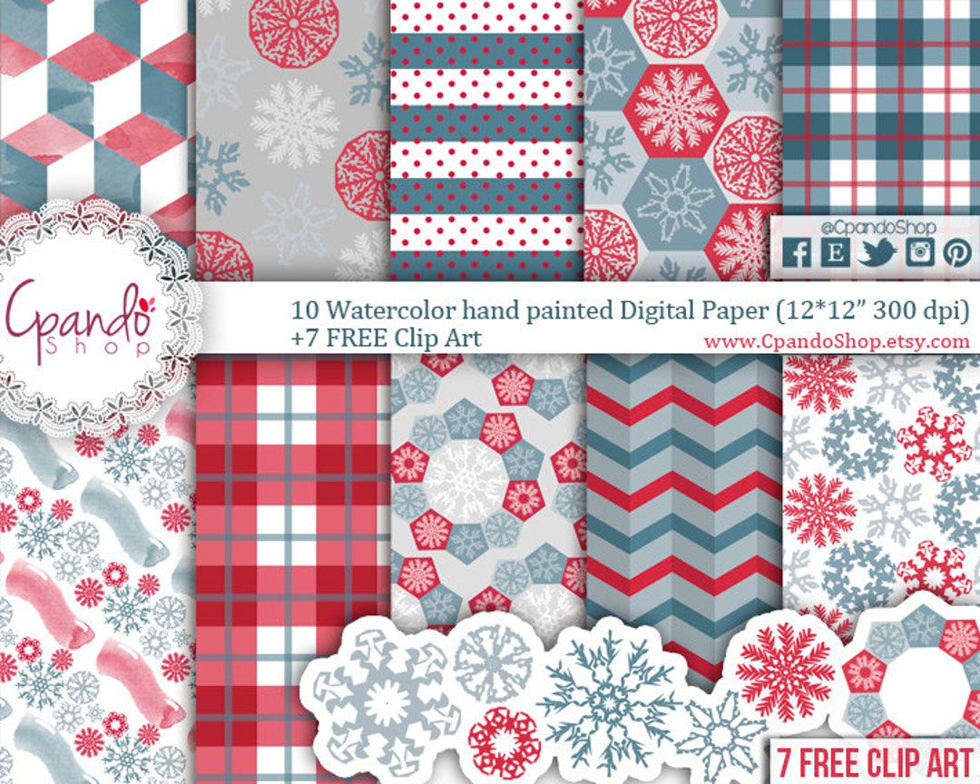Red and Blue Christmas Digital Paper, Winter Watercolor Digital Peper ...