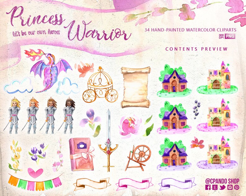 Warrior Princess, Watercolor Princess Clipart, Digita Download Little ...
