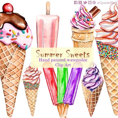 Watercolor Ice Cream Clipart Summer Treats Illustrations - Etsy