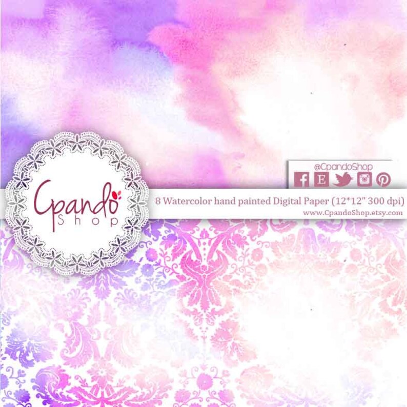 Damask Watercolor Digital Paper Watercolour Scrapbook Hand Painted Red ...