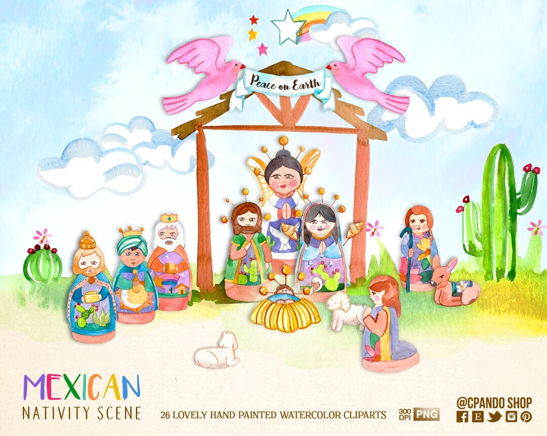 Mexican Nativity Scene Watercolor Hand Painted Mexican Holiday, Mexican ...