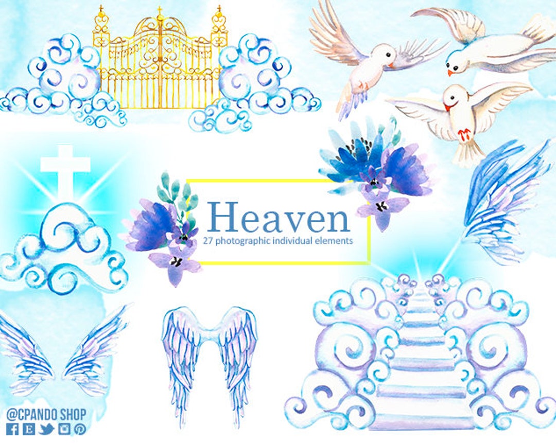 Heaven and Angel's Wings, Watercolor Clipart, Heaven, Clouds, Doves ...