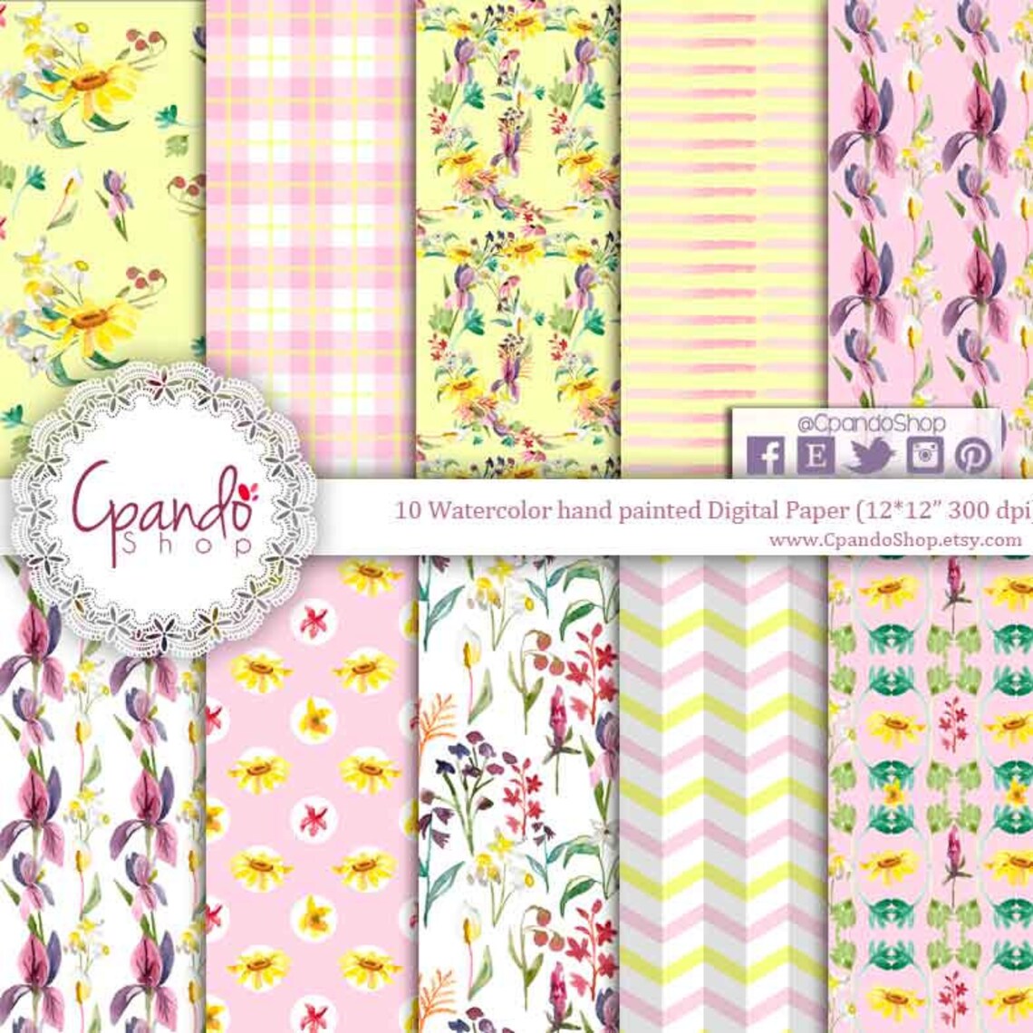 Watercolor Floral Digital Paper Pink and Yellow Digital - Etsy
