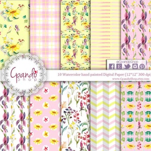 Watercolor Floral Digital Paper, Pink and Yellow Digital Paper, Flowers ...