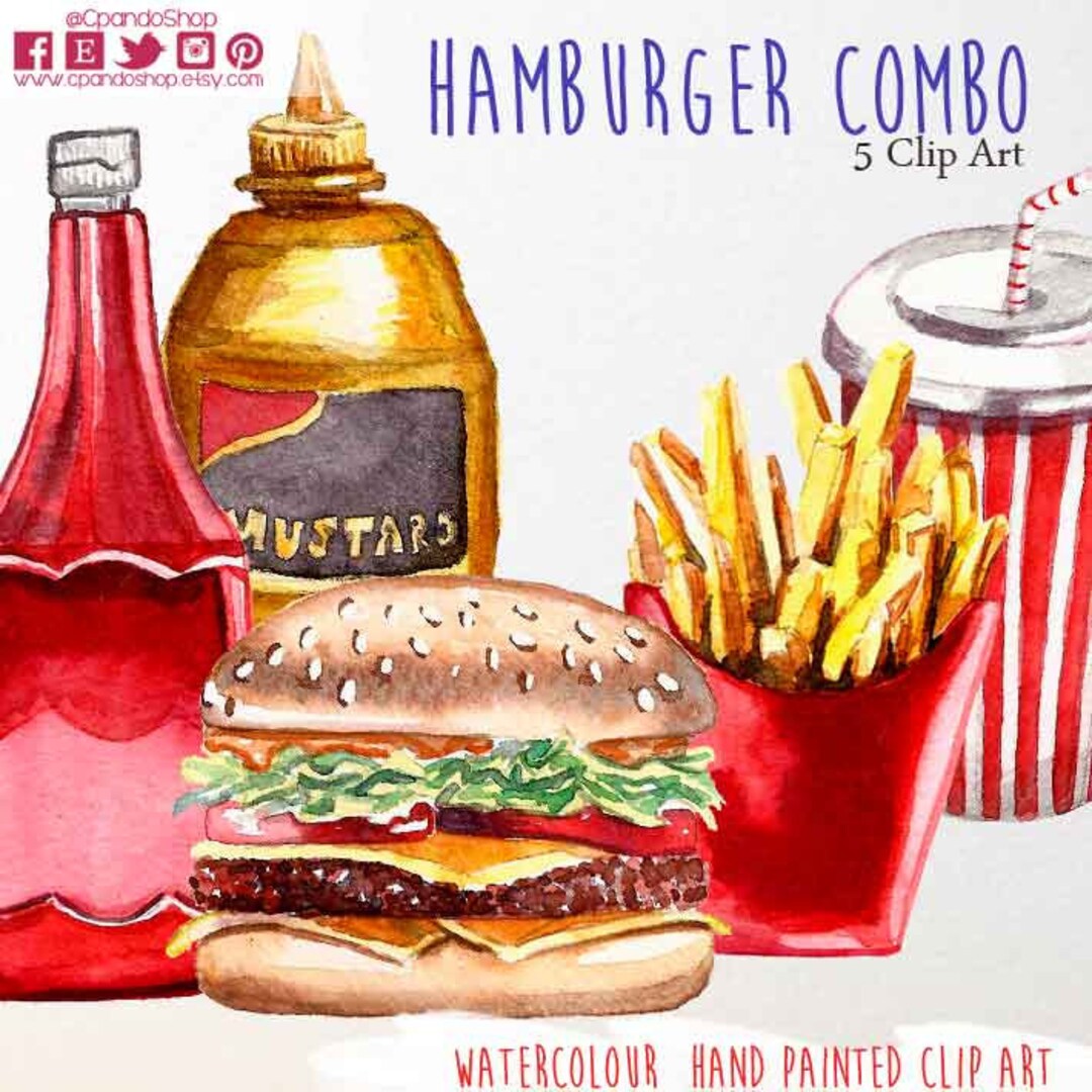 Hamburger Combo Hand Painted Watercolor Clip Art (5 Png Images 300 Dpi ...