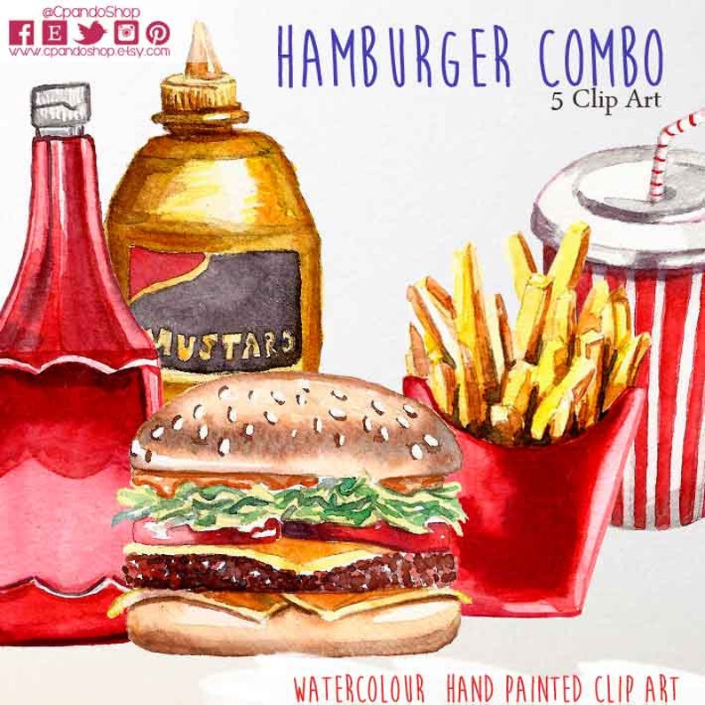 Hamburger Combo Hand Painted Watercolor Clip Art 5 Png Images | Etsy