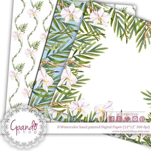 White Orchid Digital Paper, Watercolor Flower Digital Paper, Watercolor ...