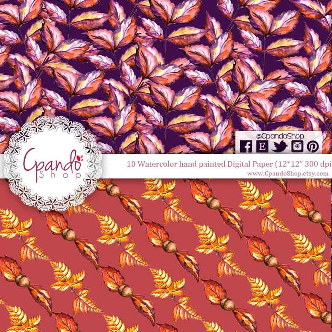 Autumn Digital Paper Watercolor Autumn Invitation Watercolor Leaves ...