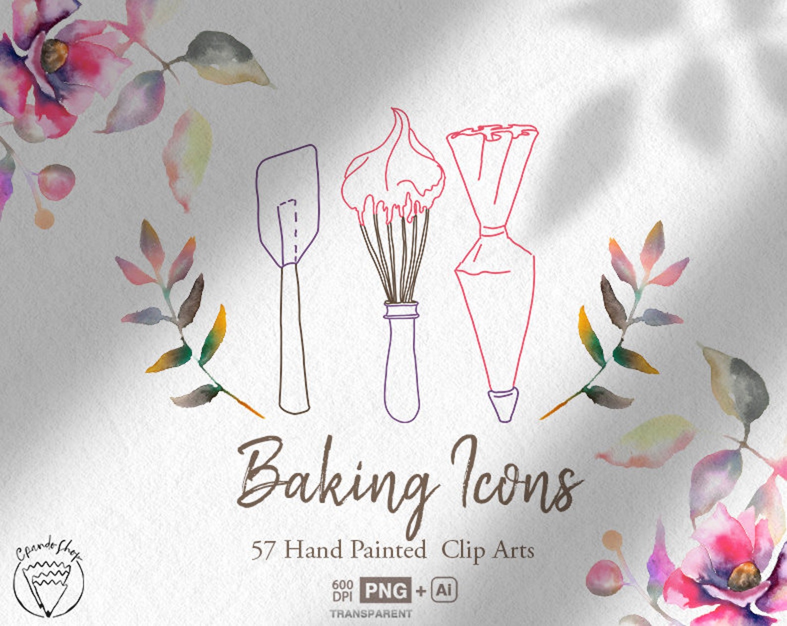 Baking Icons Watercolor Baking Supplies Clipart Hand Drawn Bakery Logo ...