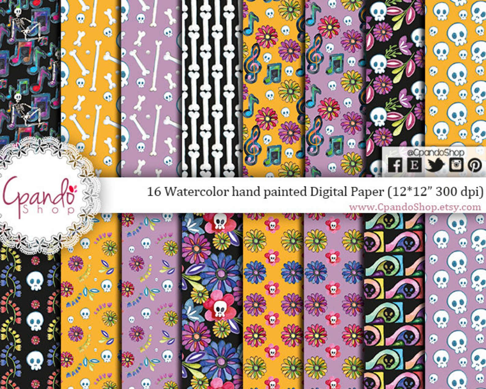Day of the Dead Digital Paper Watercolor Hand Painted Pattern | Etsy