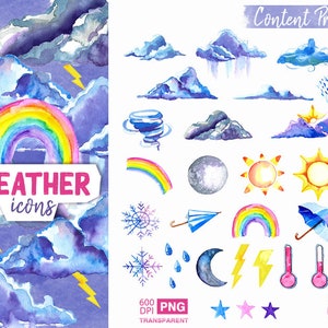 Watercolor Weather Clip Art - Sun Moon Clouds Rain Snow Lightning ...