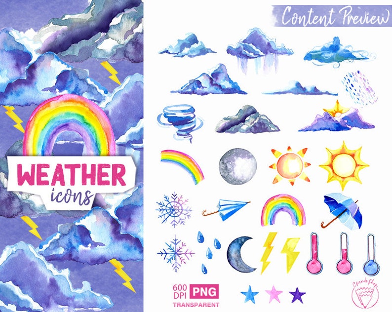 Watercolor Weather Clip Art Sun Moon Clouds Rain Snow - Etsy