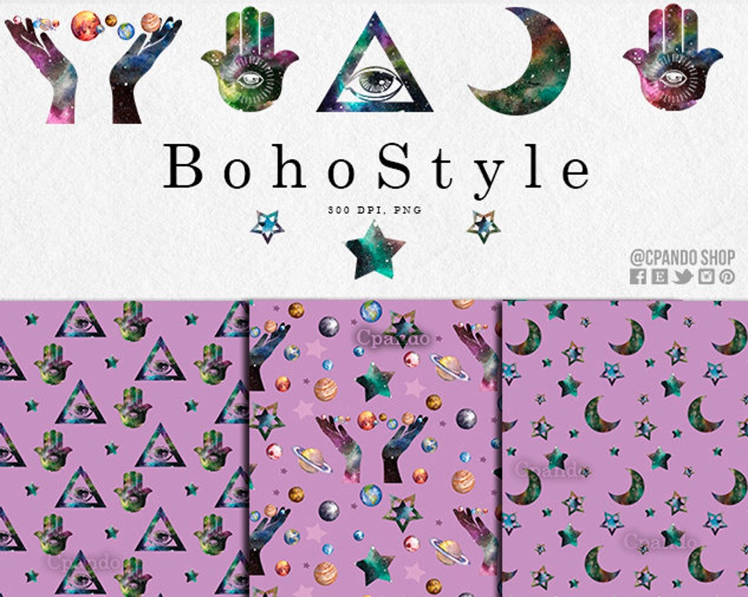 Boho Style Clipart Digital Paper Seamless Pattern, Bohemian Clip Art ...