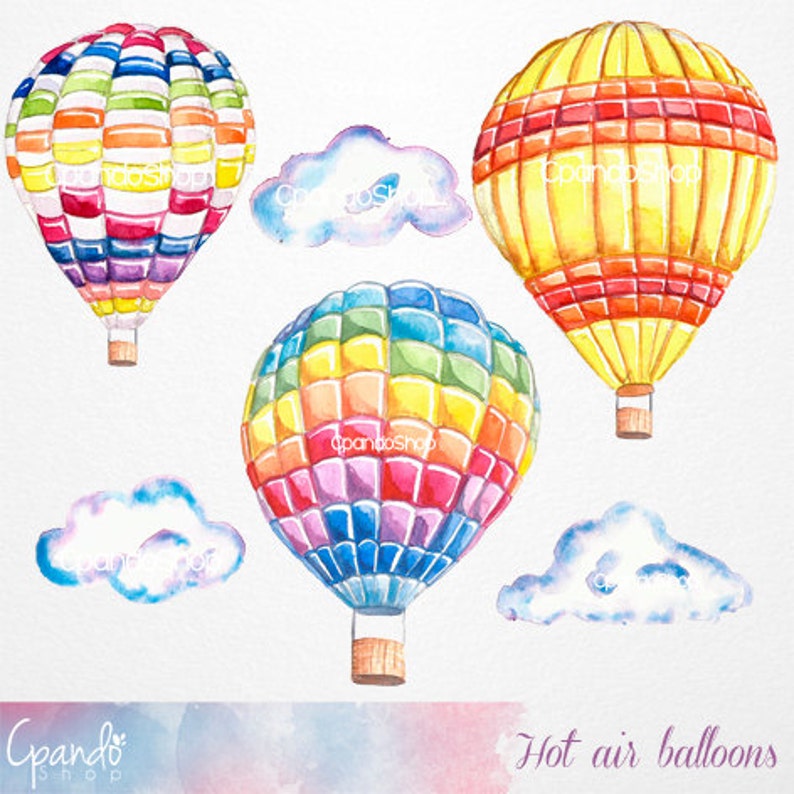 Hot Air Balloons Watercolor Hand Painted Clip Art (6 Png Images With ...