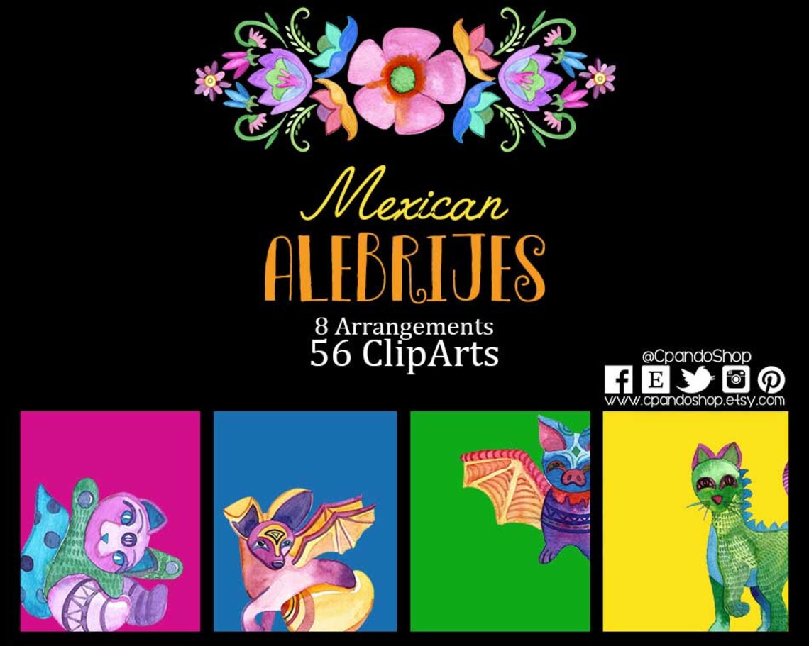 Mexican Alebrije Watercolor Hand Painted Clip Art Cinco De | Etsy