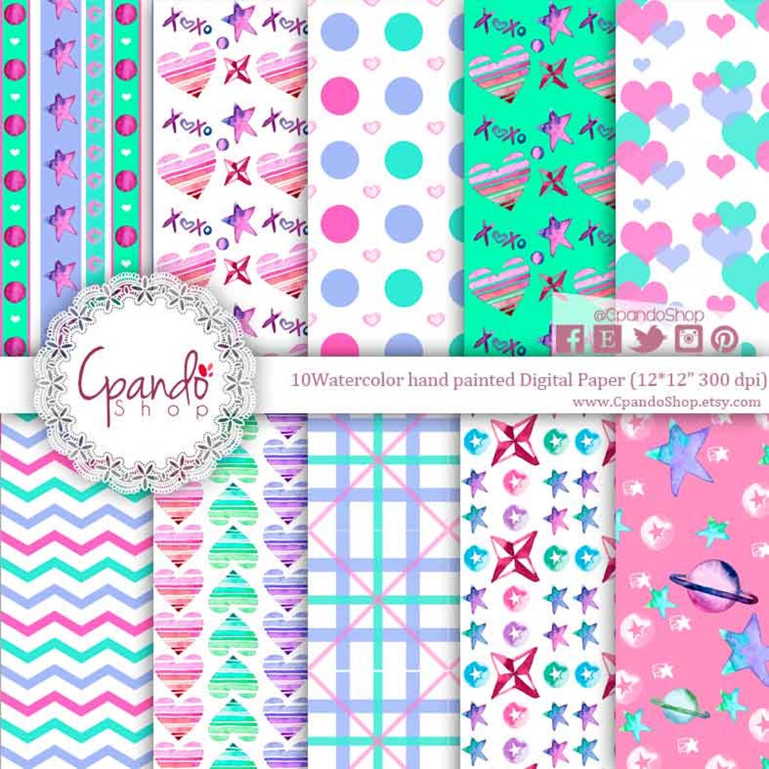 VALENTINES Digital Paper: Pink Mint Purple Valentines Printable Pattern ...