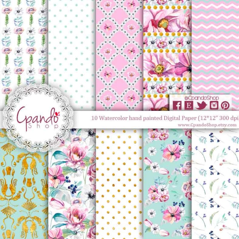 Pink and Mint Flowers, Digital Clip Art Papers, Hand Drawn, Patterns ...