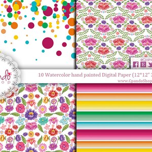 Mexican Watercolor Flowers Digital Paper for Mexican Wedding Fiesta ...